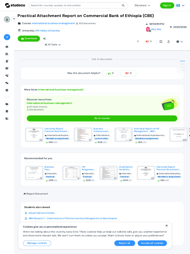 Practical Attachment Report On Commercial Bank of Ethiopia (CBE) - Studocu162403 | PDF | Business