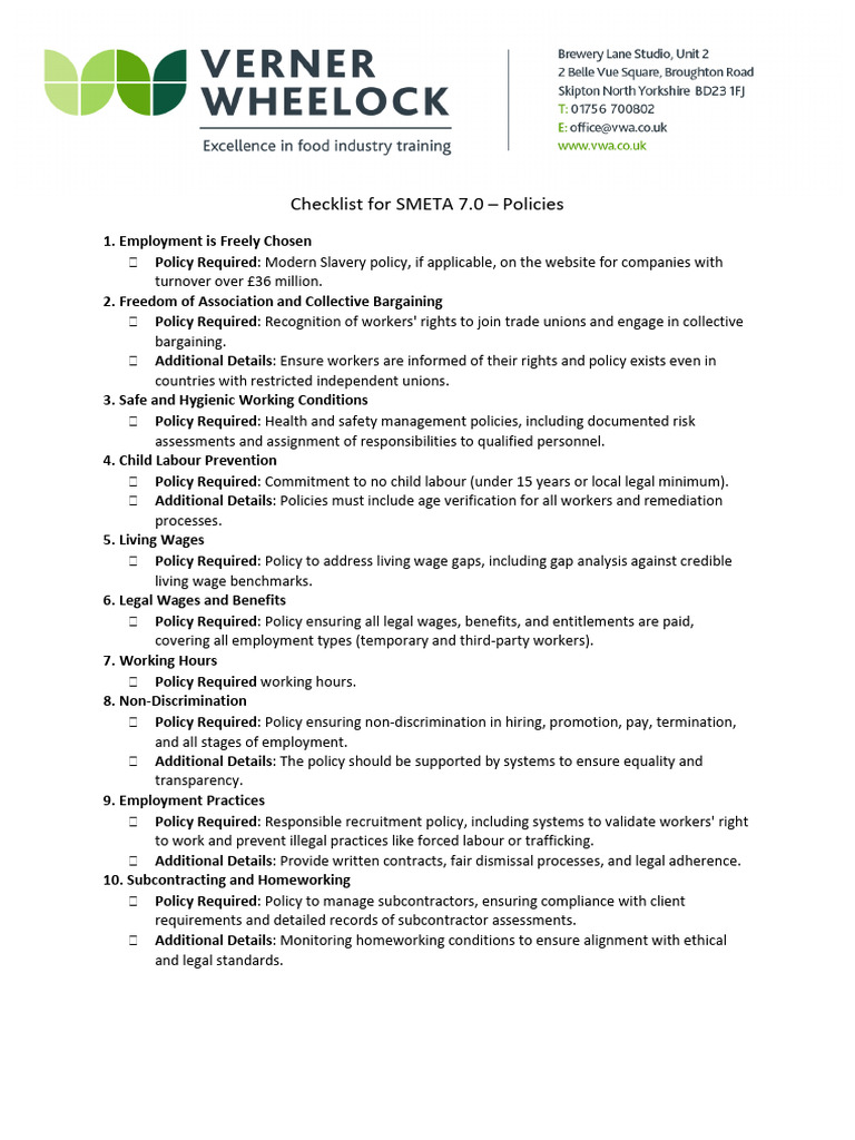 SMETA 7.0 Policies Checklist Guide | PDF | Employment | Labour Law