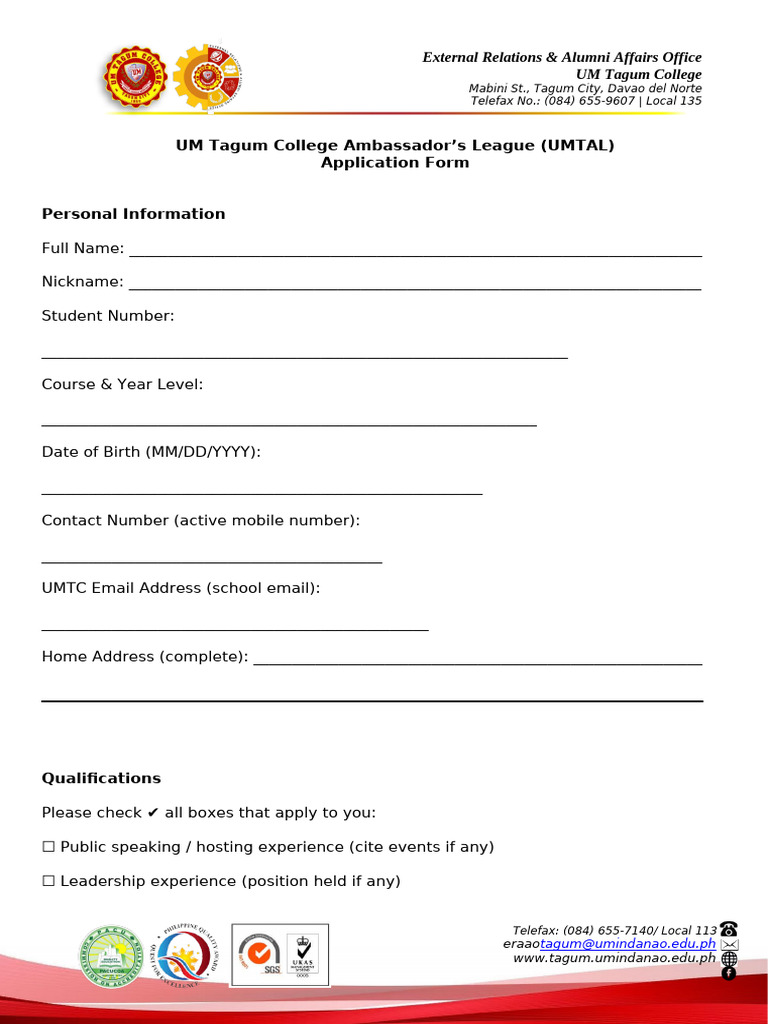 UM Tagum College Ambassador's League (UMTAL) Application Form | PDF
