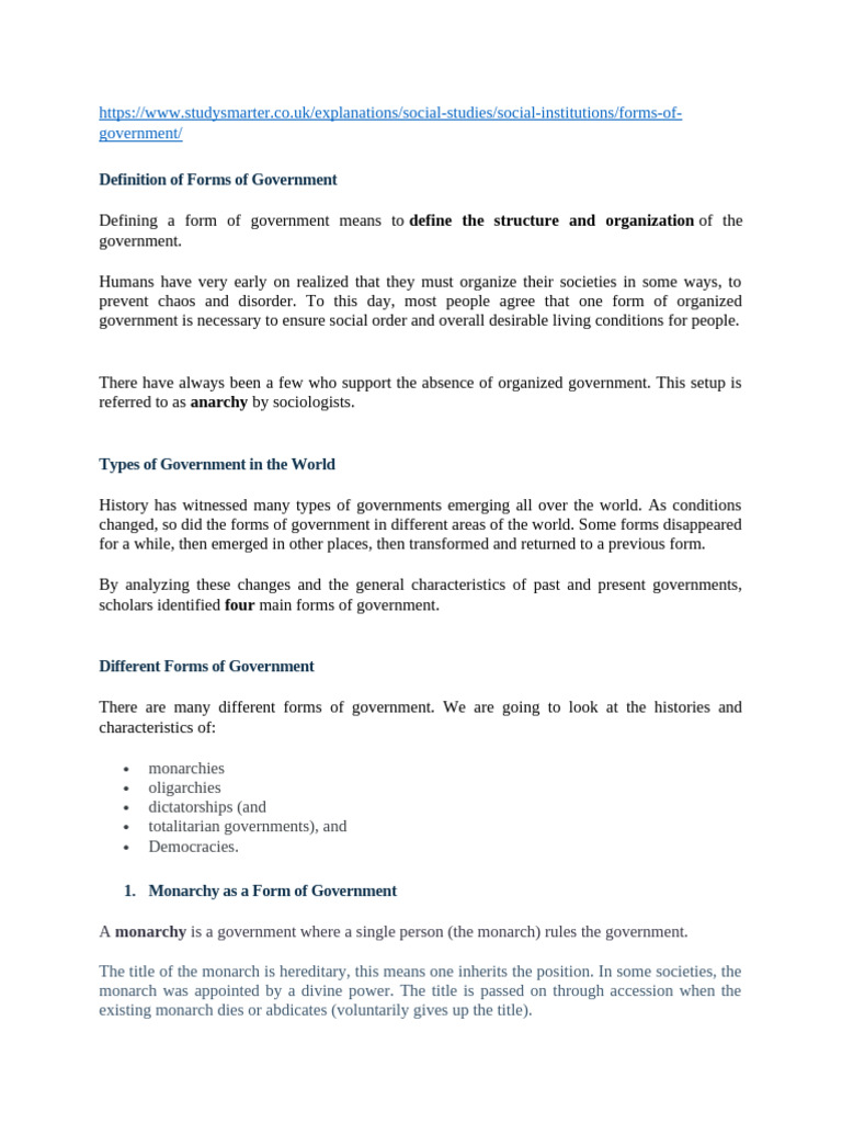 Understanding Forms of Government | PDF | Monarchy | Democracy