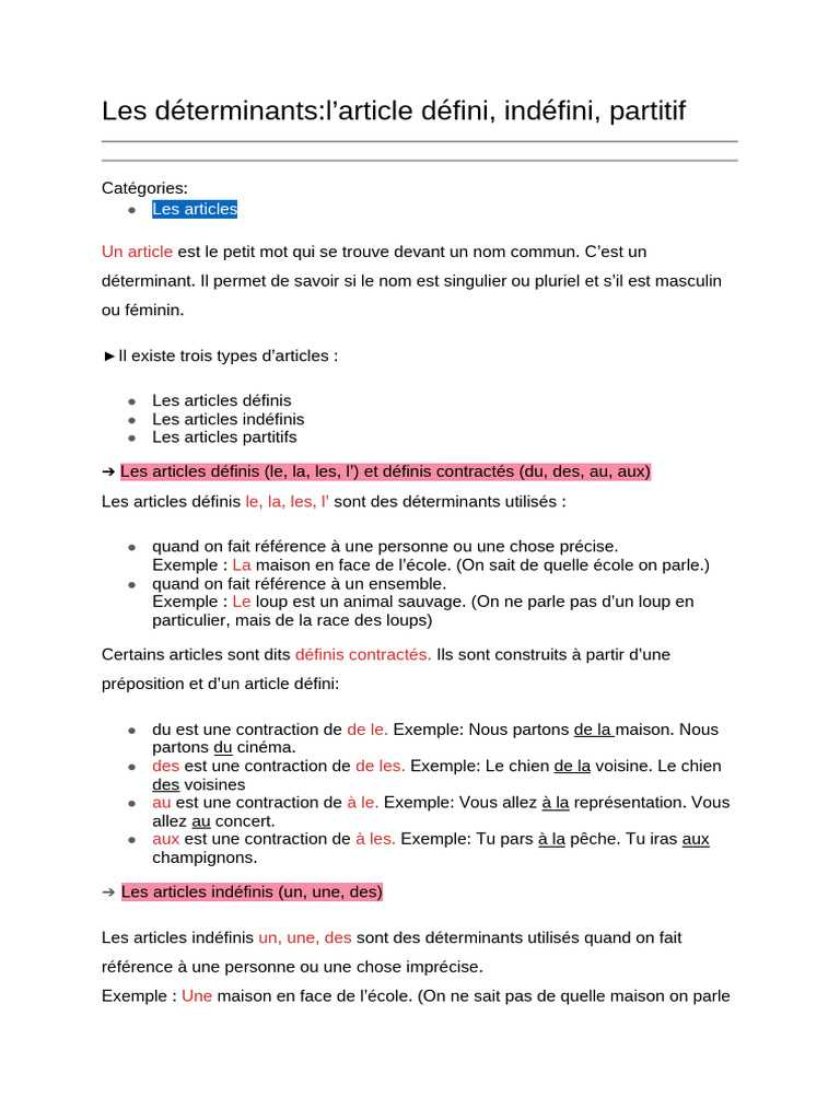 Les articles en français : défini, indéfini, partitif | PDF | Mécanique ...
