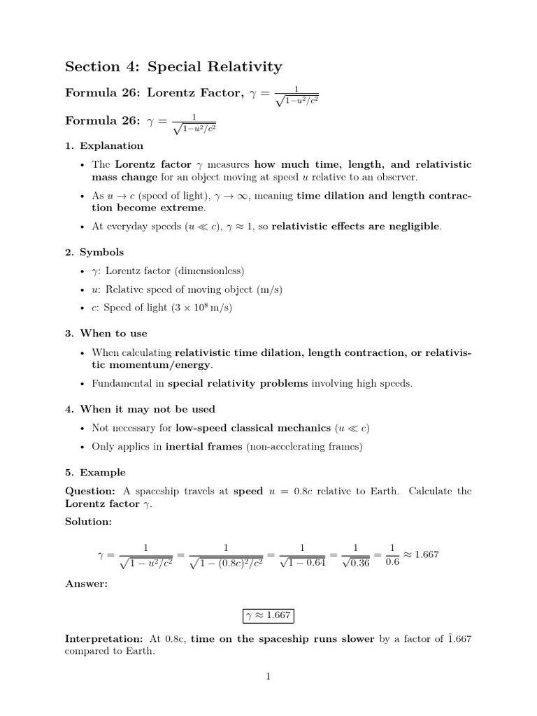 A1 Section 4 Formula Sheet Explained | PDF | Special Relativity | Time