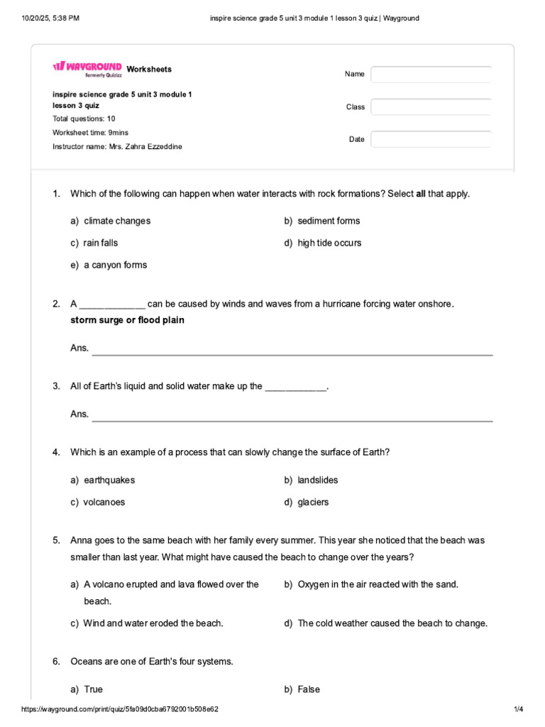 Inspire Science Grade 5 Unit 3 Module 1 Lesson 3 Quiz - Wayground | PDF