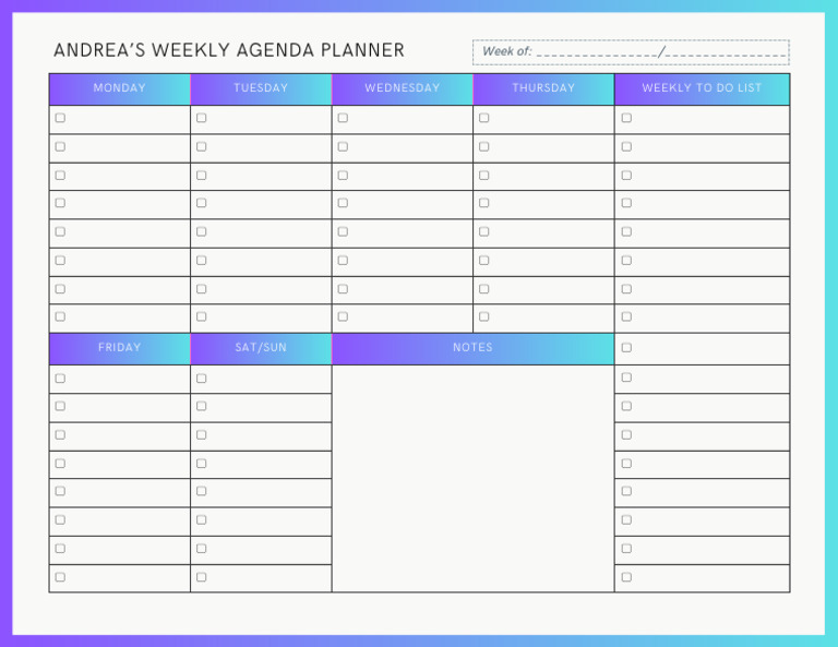 Green and Blue Modern Weekly Agenda Planner US Letter Landscape ...