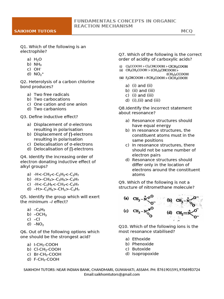 Organic Reaction Mechanism MCQs Guide | PDF | Ion | Chemical Reactions