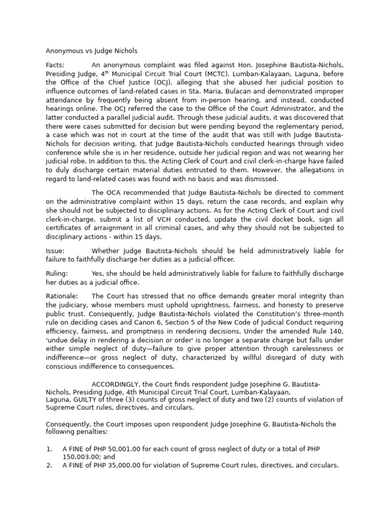 Judge Bautista-Nichols Disciplinary Ruling | PDF | Judge | Supreme ...