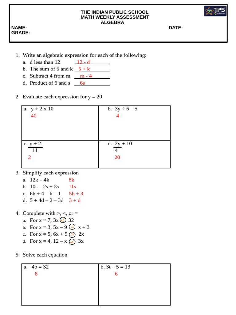 Algebra - Week Assessment - Answer Key | PDF