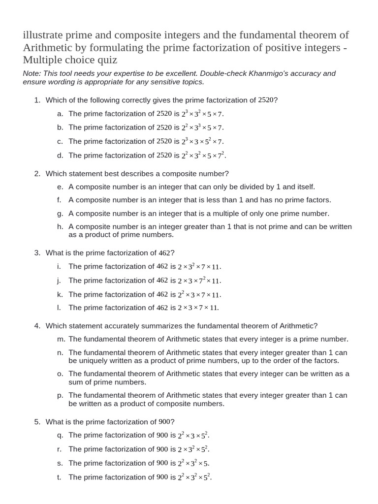 Prime Factorization Quiz and Concepts | PDF | Prime Number | Factorization