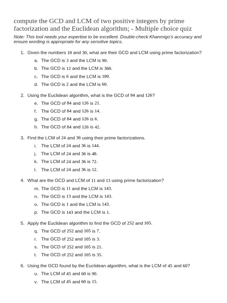 Compute The GCD and LCM of Two Positive Integers by Prime Factorization and The Euclidean ...