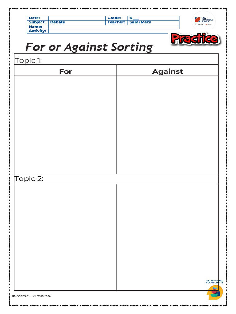 For or Against Sorting Activity | PDF