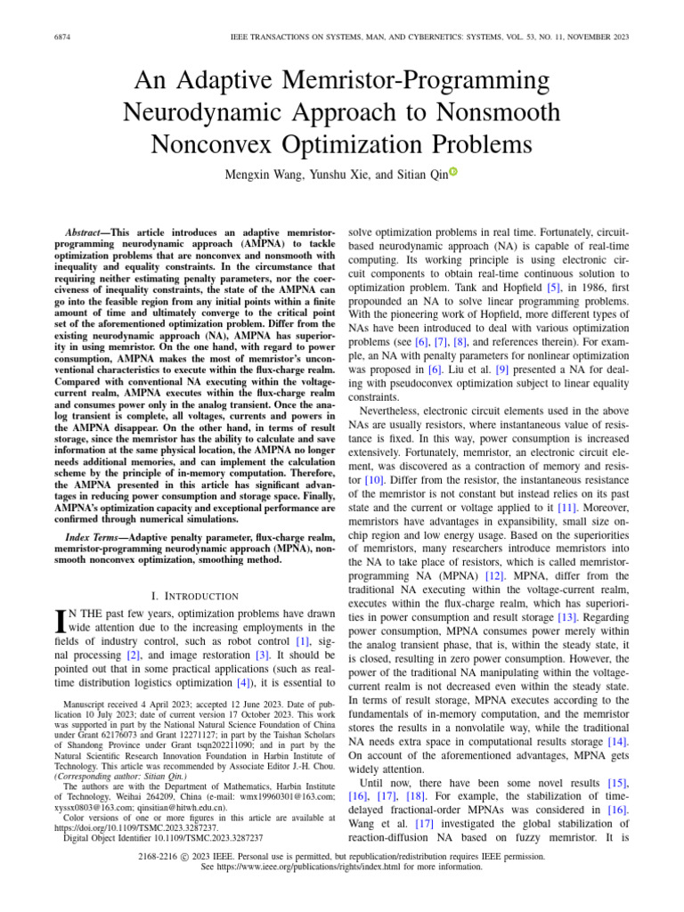 An Adaptive Memristor-Programming Neurodynamic Approach To Nonsmooth Nonconvex Optimization ...