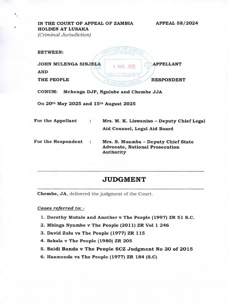 John Mulenga Sinjela V The People 2025 ZMCA 102 (15 August 2025) | PDF ...
