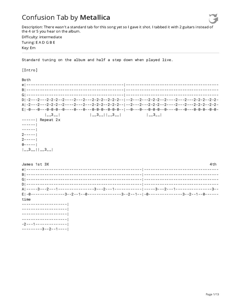 Metallica Confusion Tab Guide | PDF | Rock Music