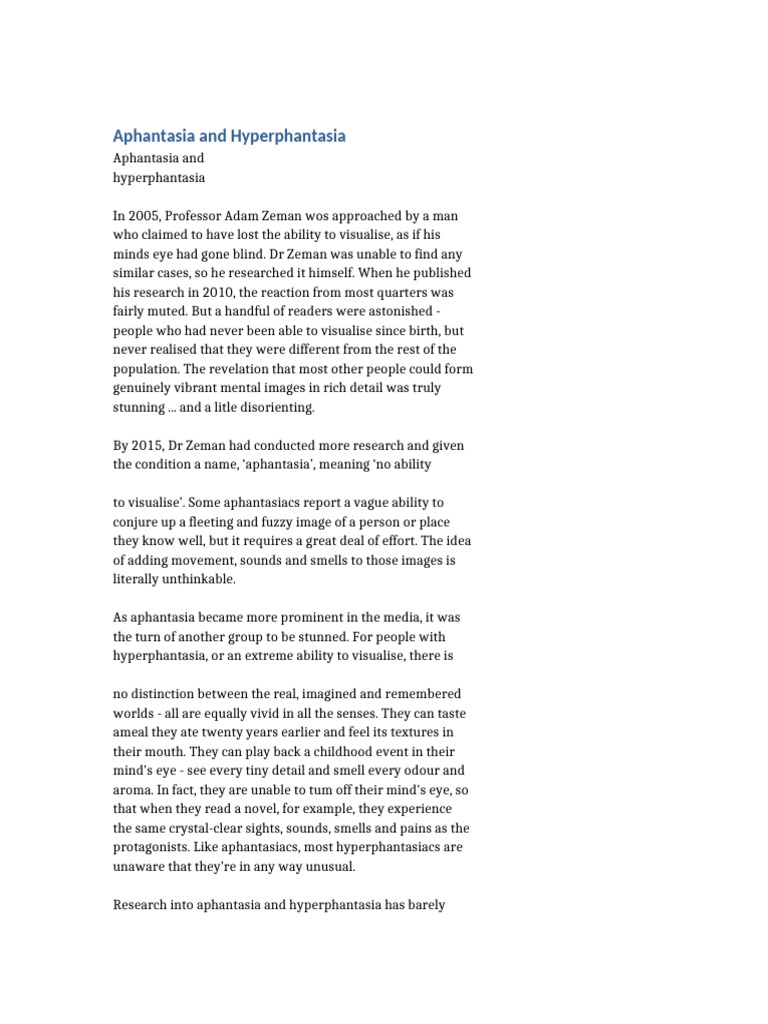 Aphantasia and Hyperphantasia | PDF | Mental Image | Psychology