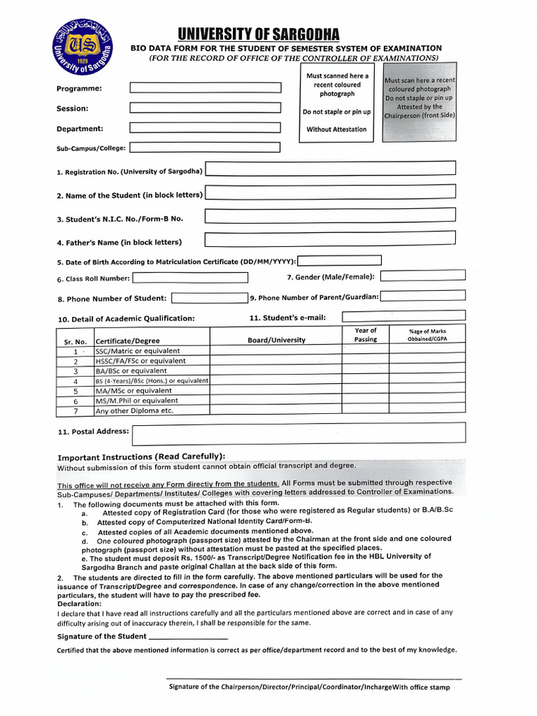 Uos Bio Data Form For The Student | PDF
