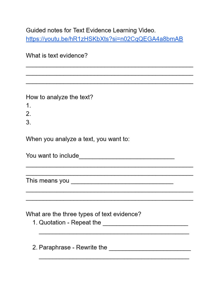 Text Evidence Video Guided Notes | PDF