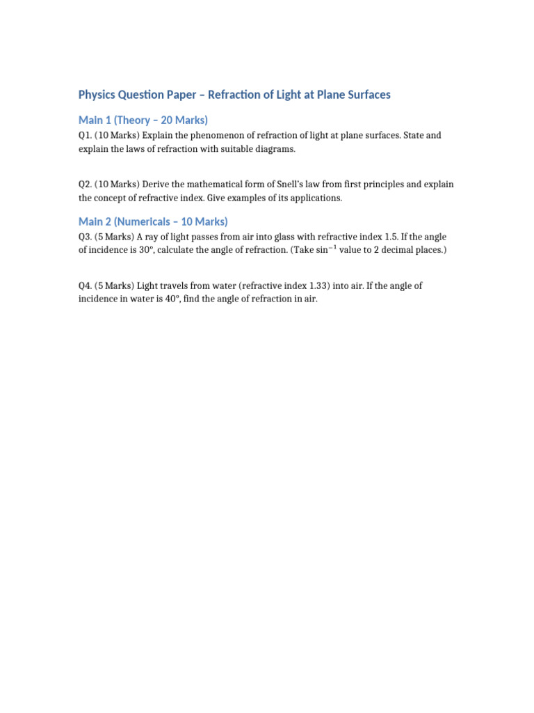 Refraction of Light Physics Exam Questions | PDF