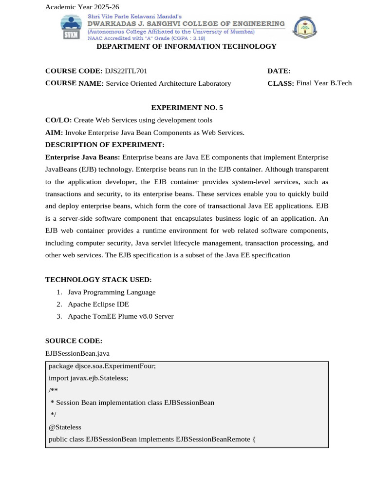Expt - 5 - Invoke EJB Components As WS | PDF | Java Platform | Computing