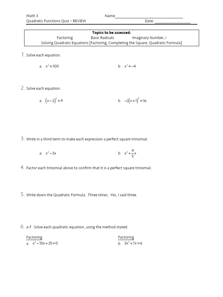 Quadratic Functions Quiz Review | PDF