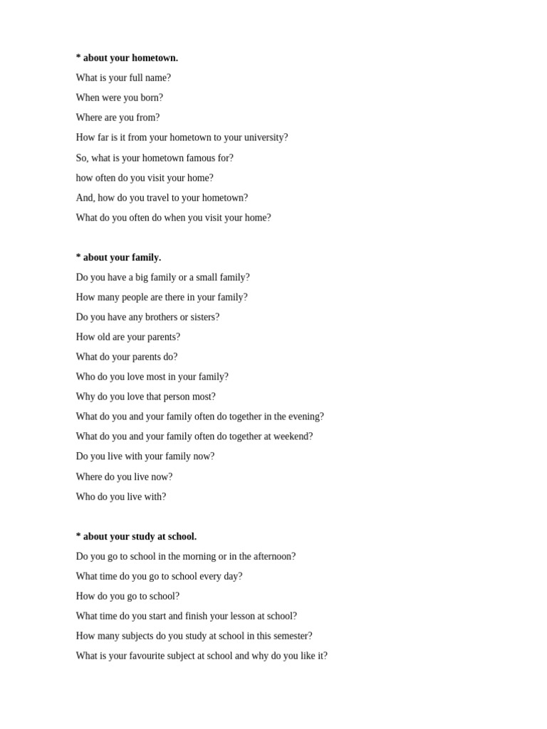 Personal Insights: Hometown, Family, and Hobbies | PDF