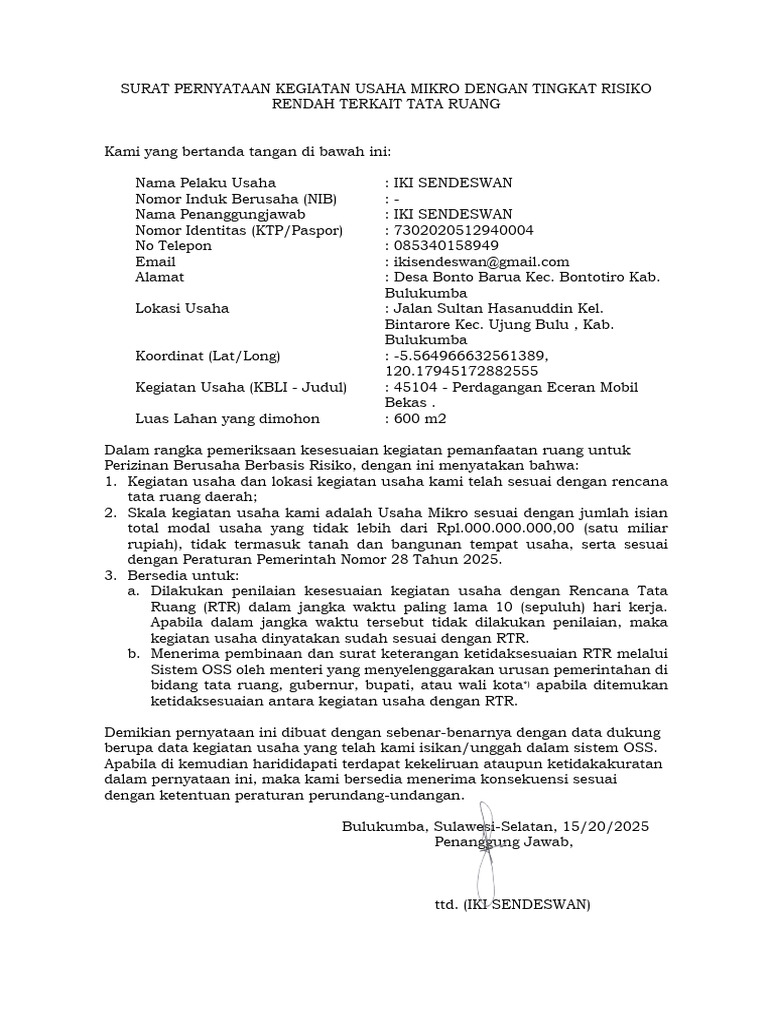 NANDA - Format Surat Kesesuaian Tata Ruang UMK OSS | PDF