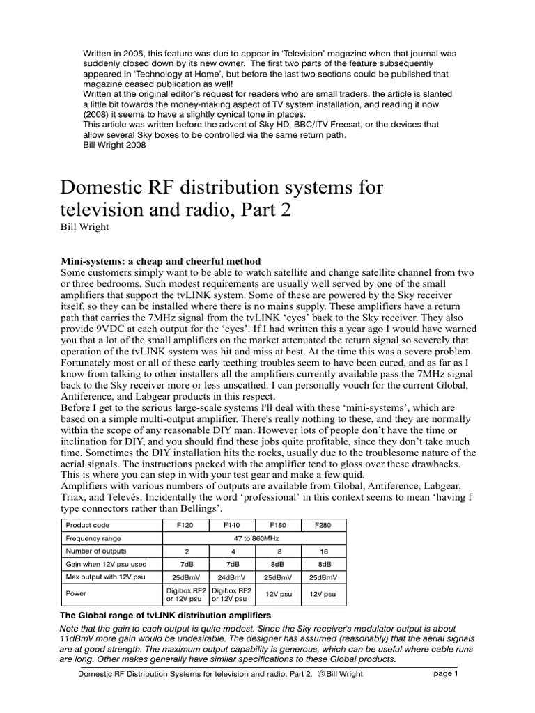 Domestic RF Distribution Systems Guide | PDF | Decibel | Amplifier