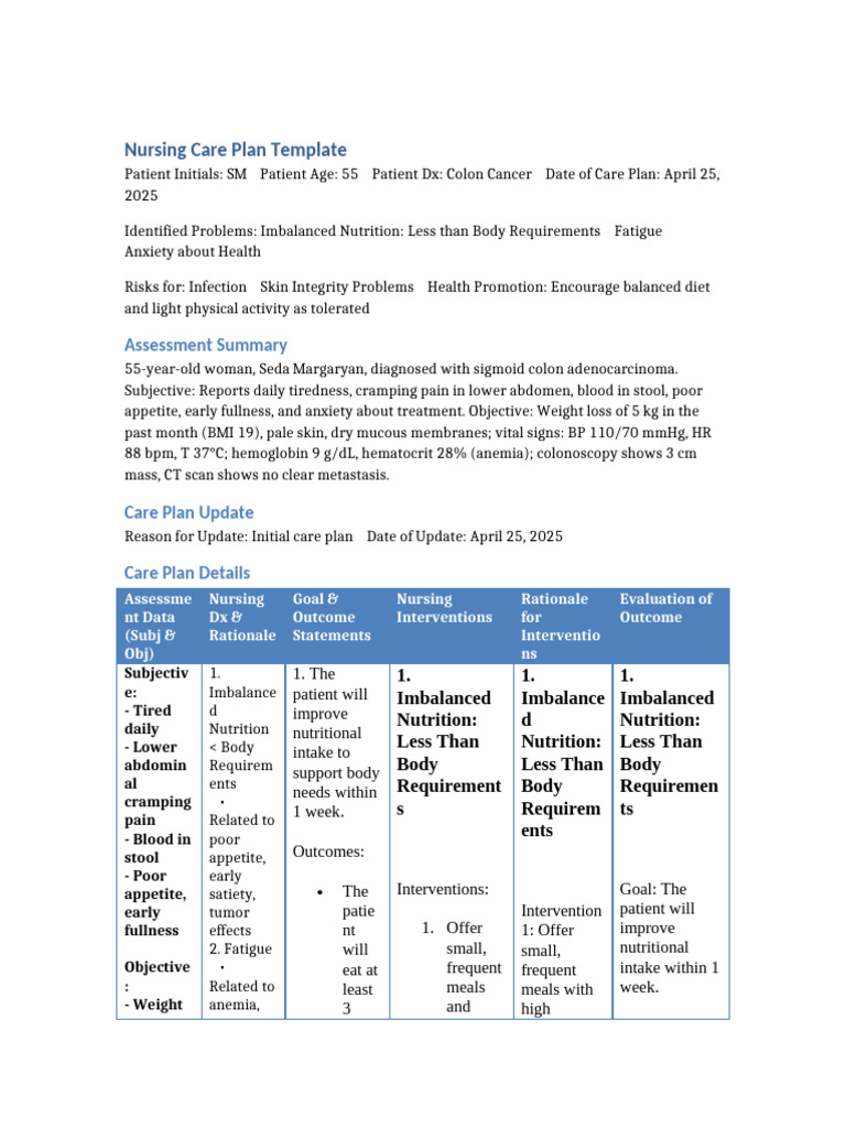 Final Updated Colon Cancer Care Plan | PDF | Colorectal Cancer | Cancer