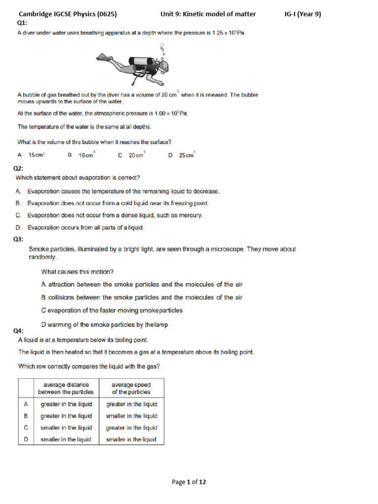 Physics WorkSheet Unit 9 Kinetic Model of Matter | PDF