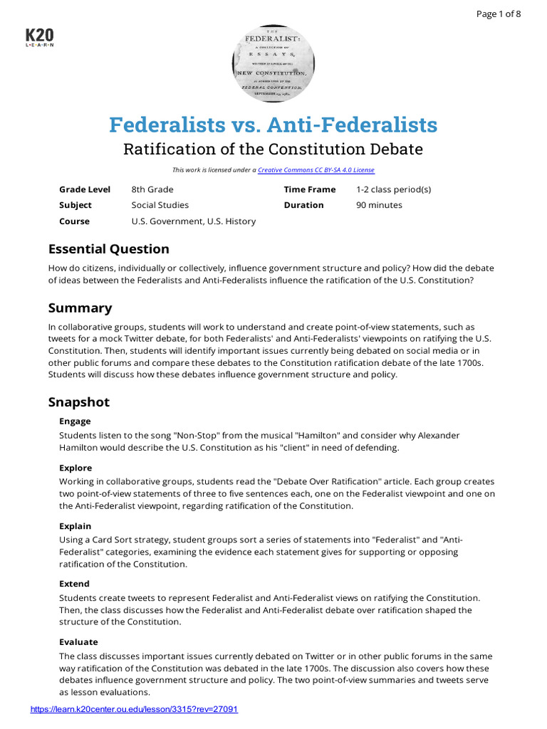 Federalists vs. Anti-Federalists Debate | PDF | The Federalist Papers ...