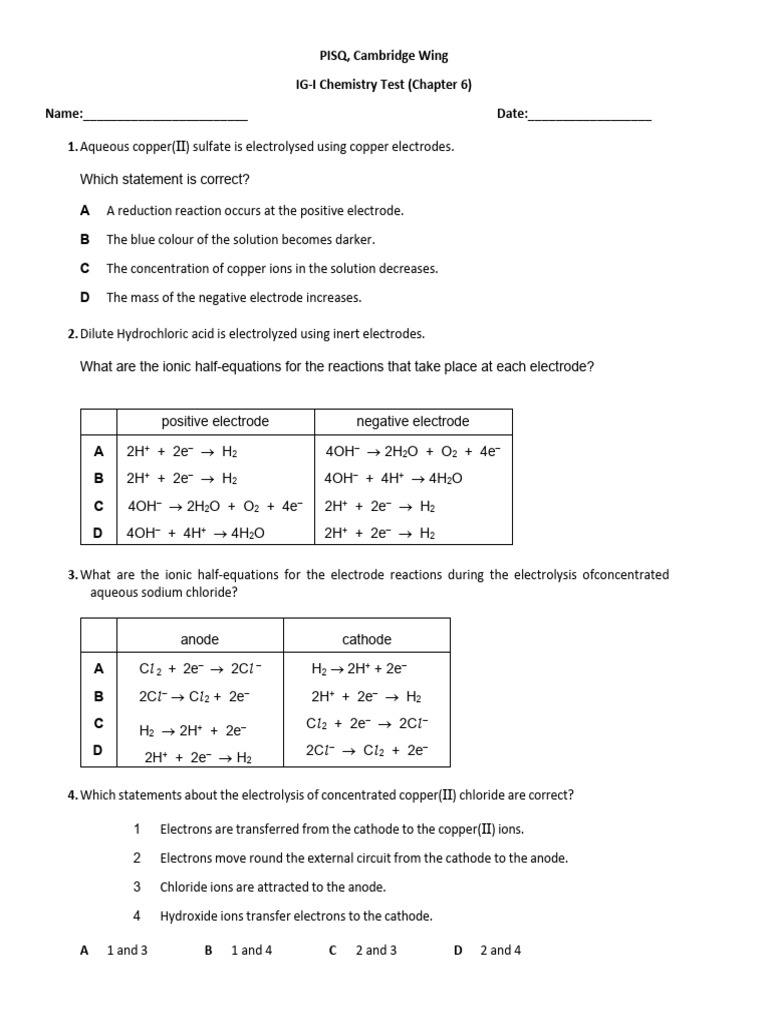 Chapter 6 Test | PDF | Electrolyte | Anode
