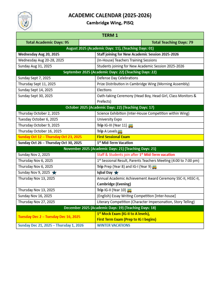 Academic Calendar CW 29-9-2025 | PDF | Academic Term | Educational Stages