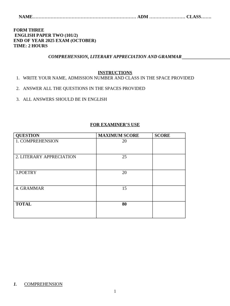 2025 English f3 Pp2 Qs End t3 s1 Teacher Co Ke | PDF | Ellipsis | Typography