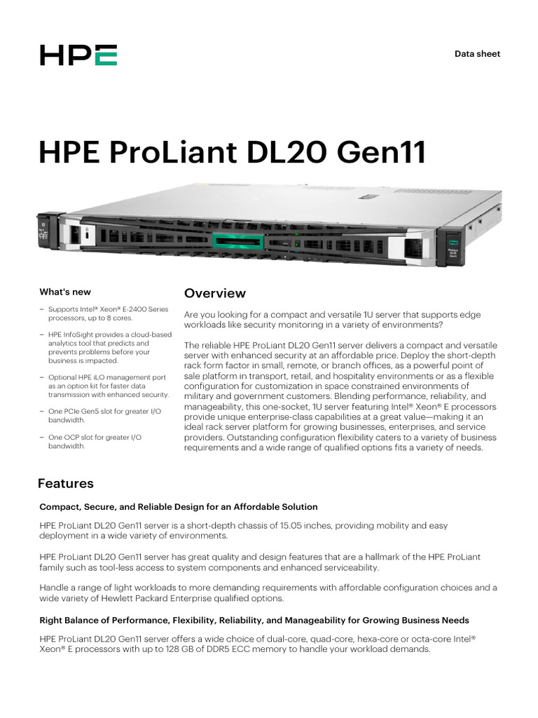 HPE ProLiant DL20 Gen11 Overview | PDF | Computing | Computer Hardware