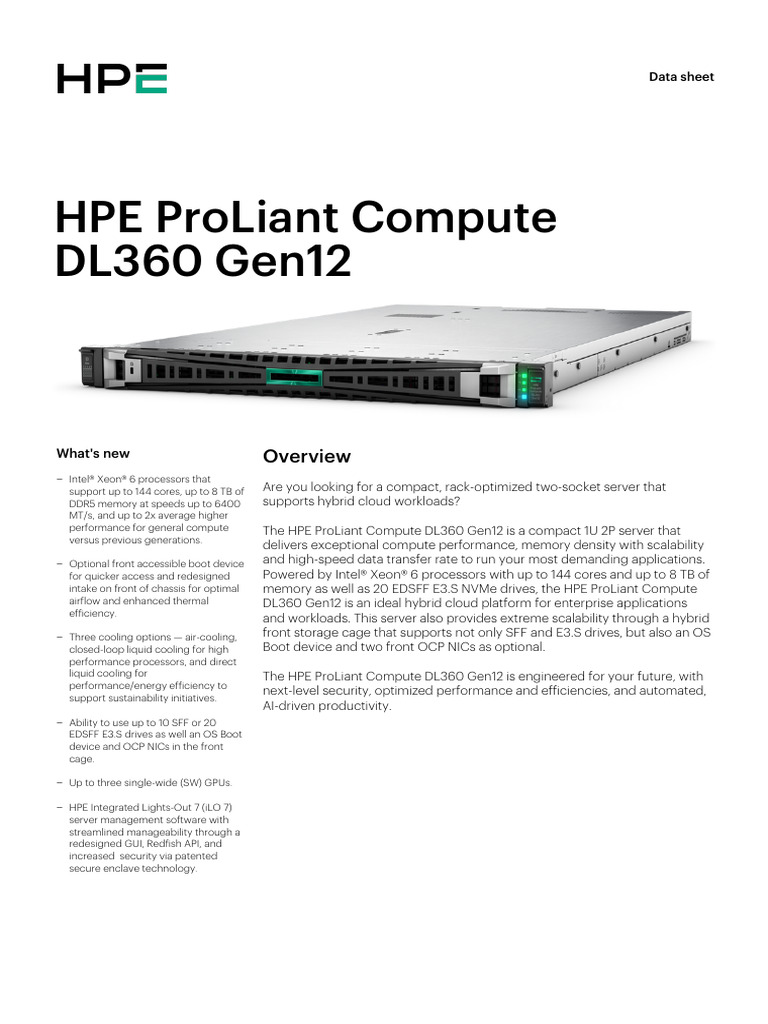HPE ProLiant Compute DL360 Gen12 Data sheet-PSN1014865649UKEN | PDF ...
