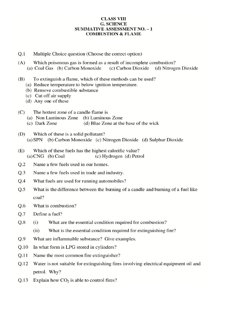 CBSE Class 8 Combustion and Flame Worksheet 4 | PDF