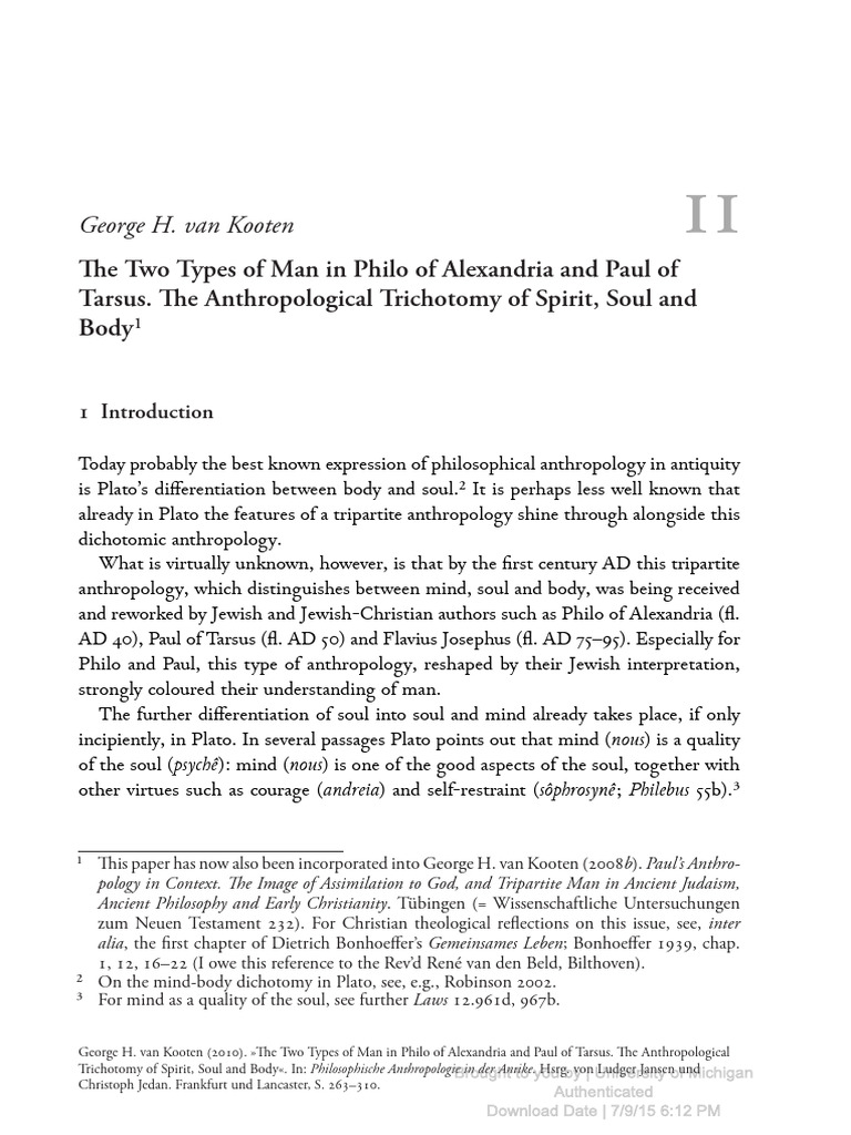 The Two Types of Man in Philo of Alexandria and Paul of Tarsus. The ...