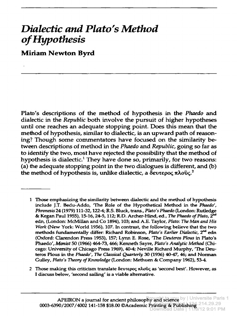 Dialectic and Plato's Method of Hypothesis - Miriam Newton Byrd | PDF ...