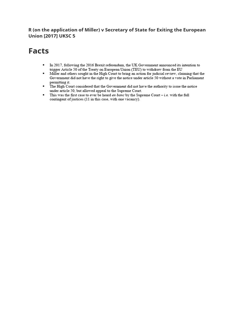 Miller v Secretary of State: Brexit Case | PDF