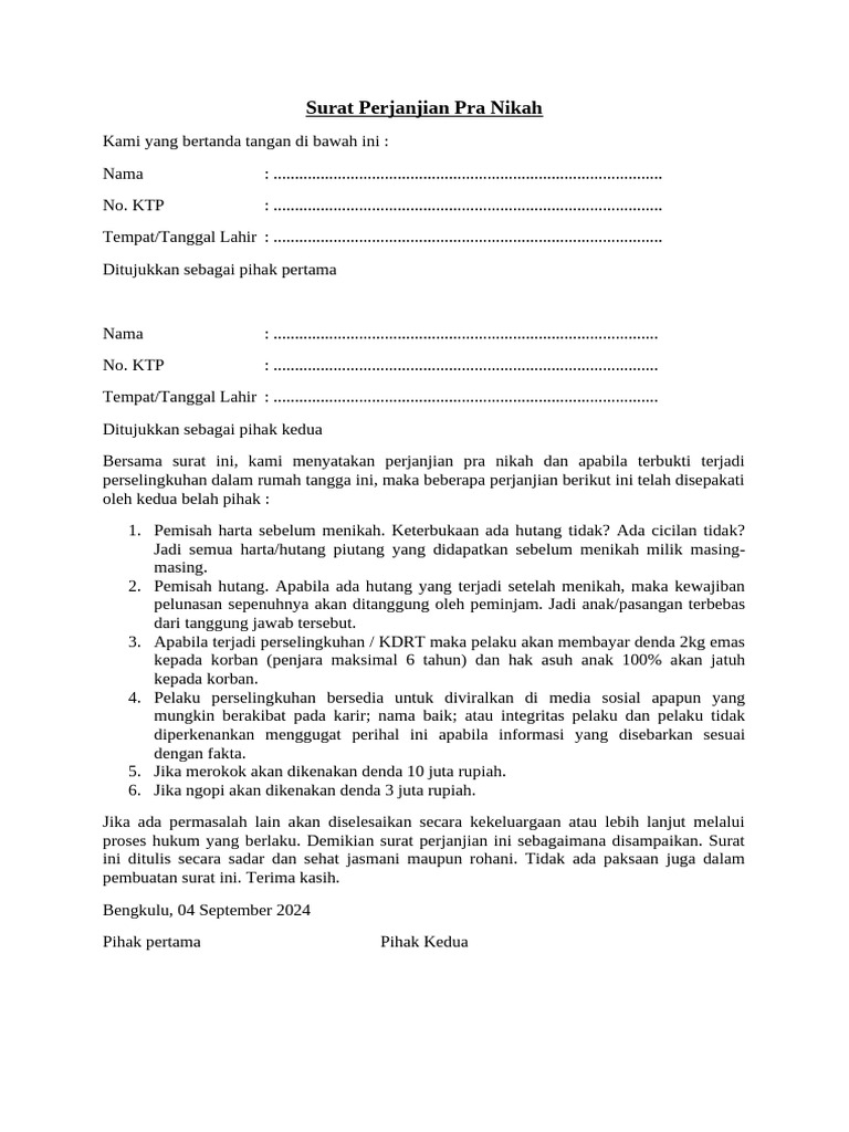Contoh Surat Perjanjian Pra Nikah | PDF