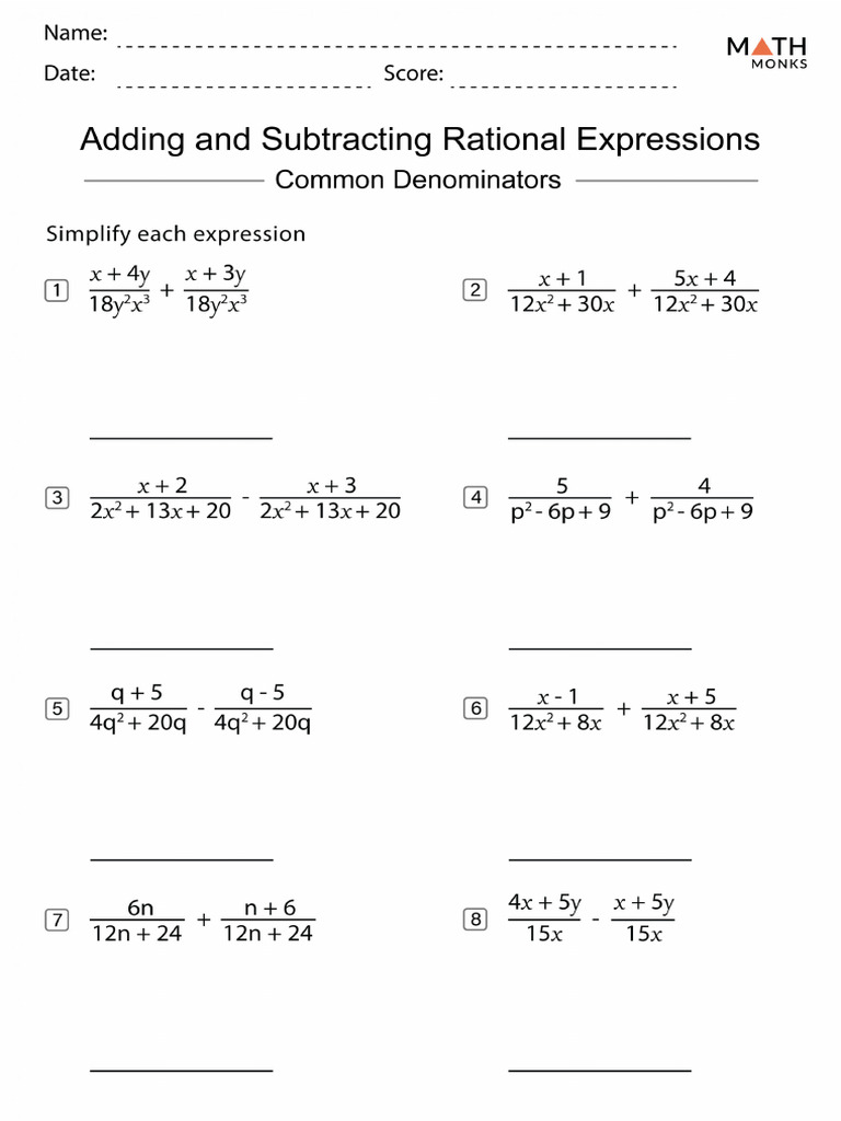Adding and Subtracting Rational Expressions With Common Denominators ...