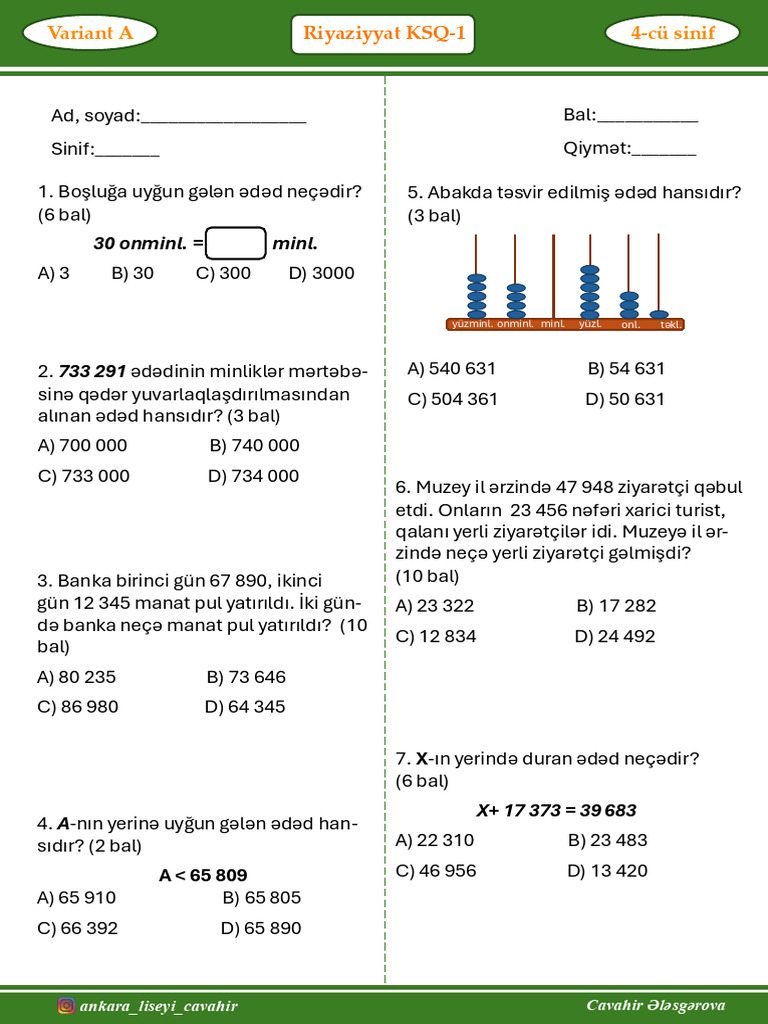 Riyaziyyat KSQ-1 4-Cü Sinif (Cavahir Ələsgərova) | PDF