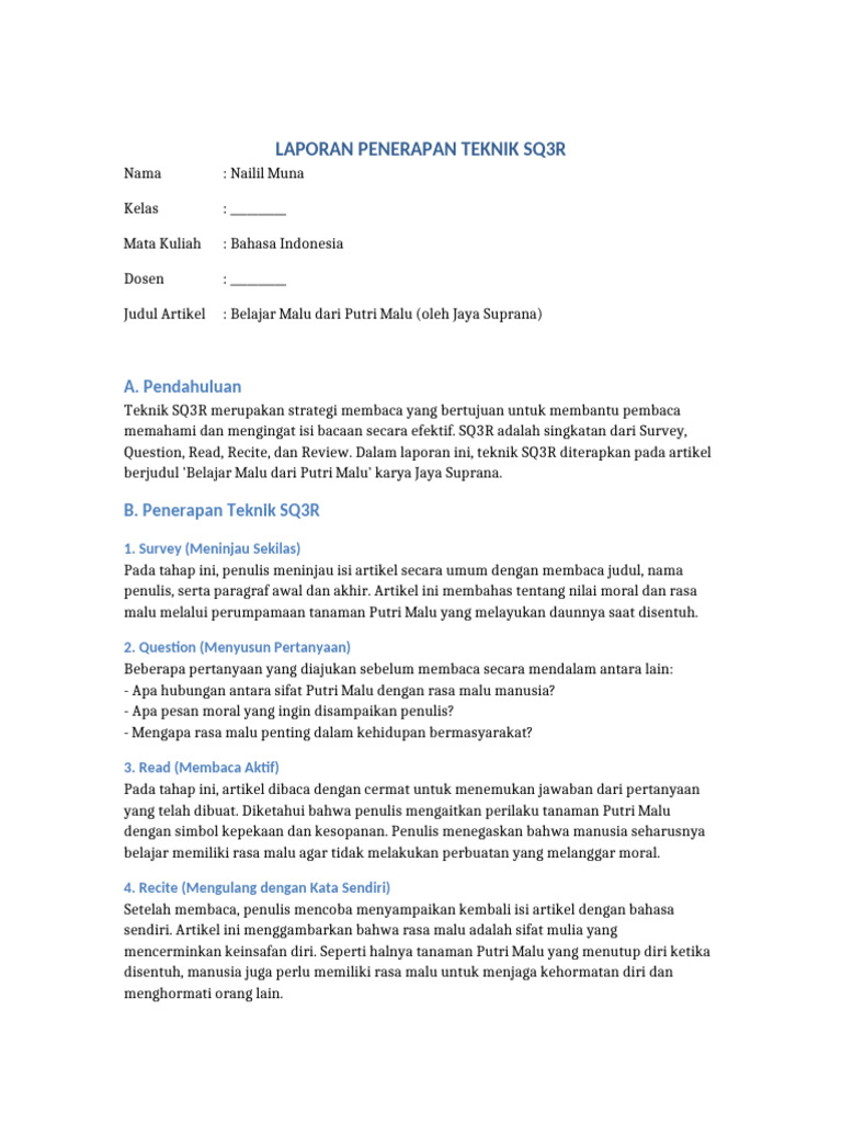 Laporan Teknik SQ3R Belajar Malu Dari Putri Malu | PDF