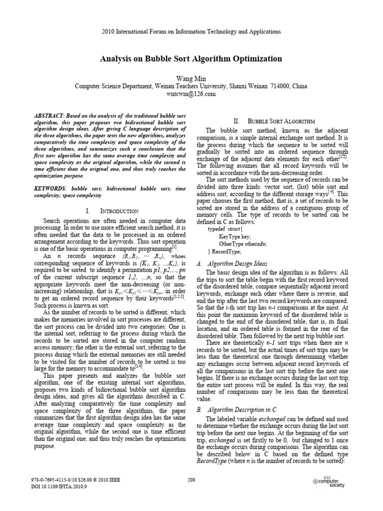 Analysis On Bubble Sort Algorithm Optimization | PDF | Time Complexity | Algorithms