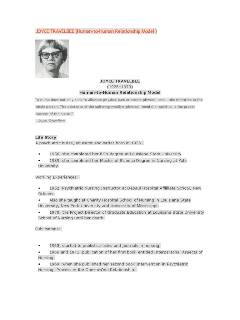 Joyce Travelbee's Human Relationship Model | PDF | Nursing | Suffering