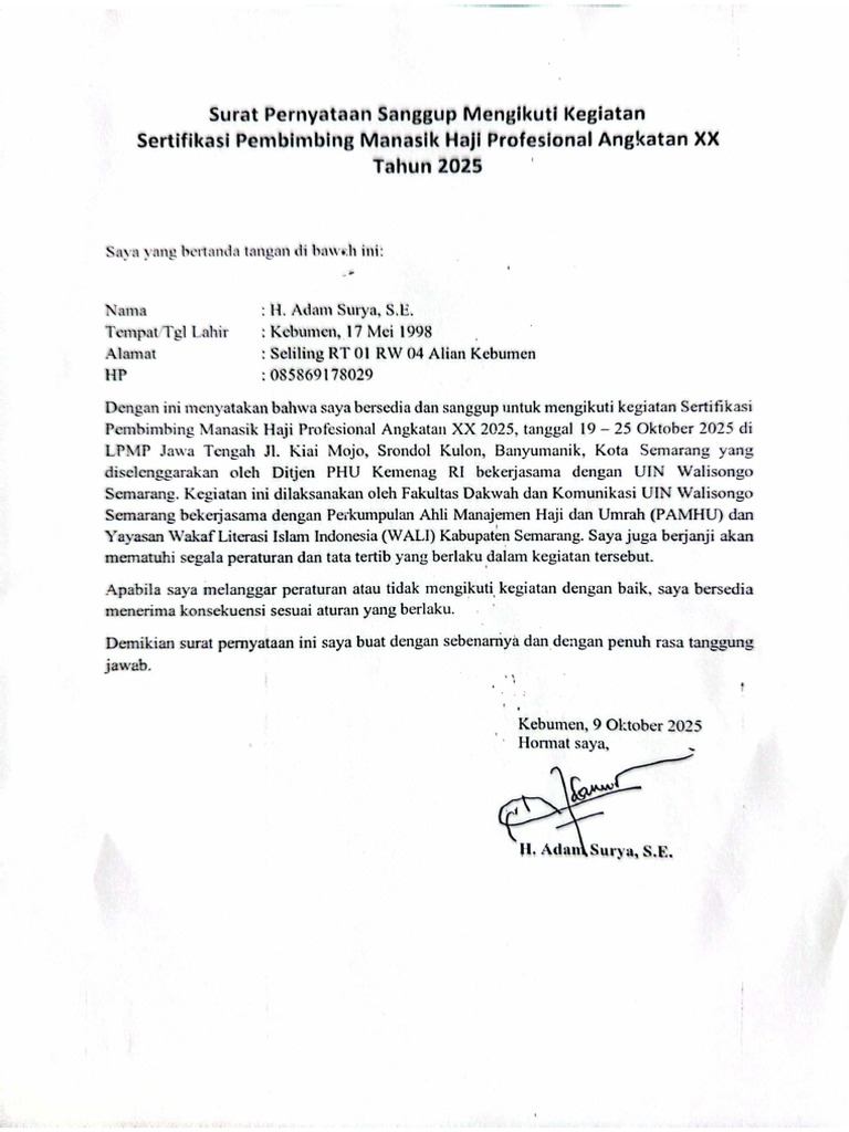 Adam. Surat Pernyataan Sanggup Mengikuti Kegiatan Sertifikasi ...