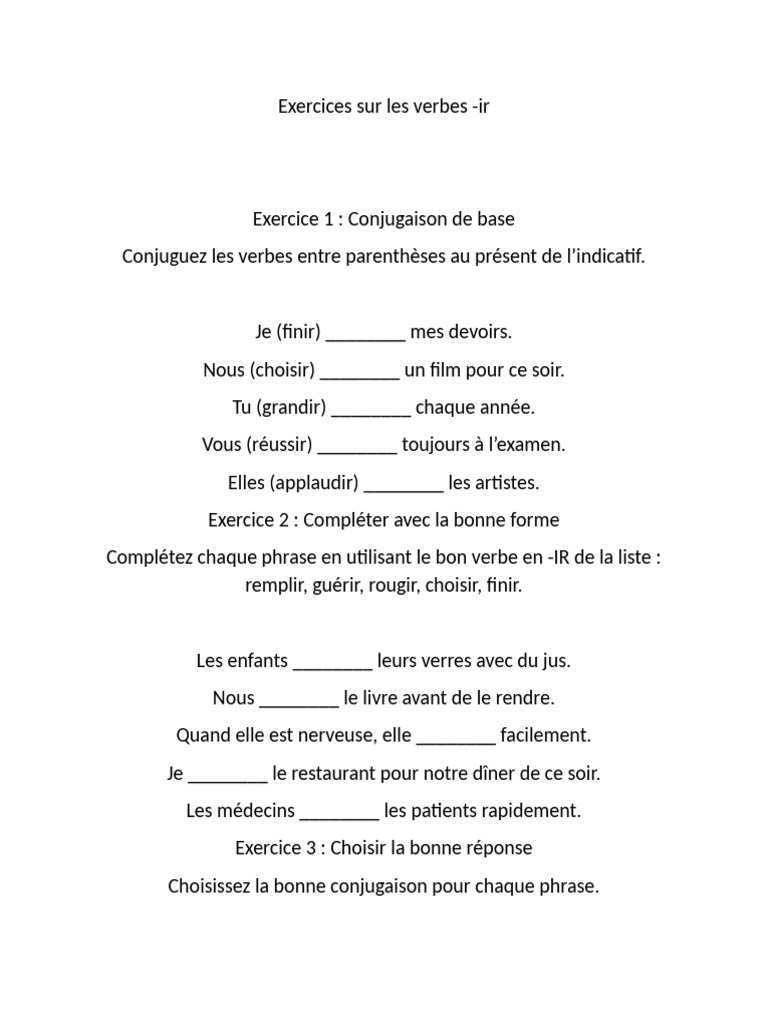 Exercices de conjugaison des verbes -ir | PDF