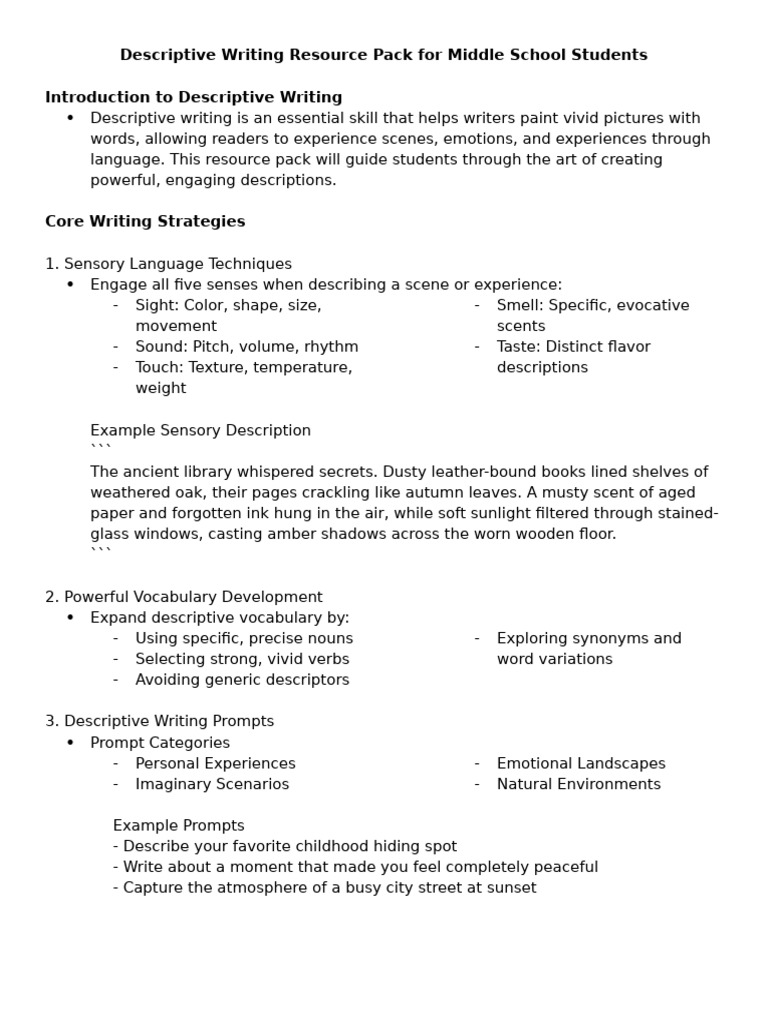 Descriptive Writing Resource Pack For Middle School Students | PDF ...