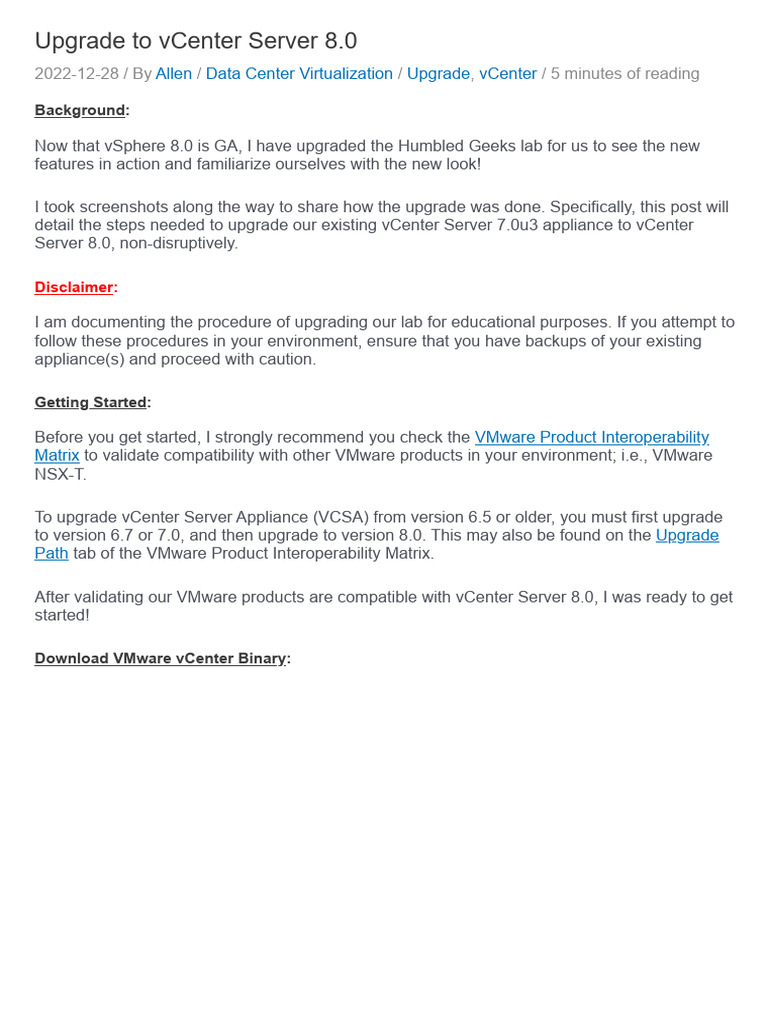 Upgrade To VCenter Server 8.0 - Humbled Geeks | PDF | V Mware ...