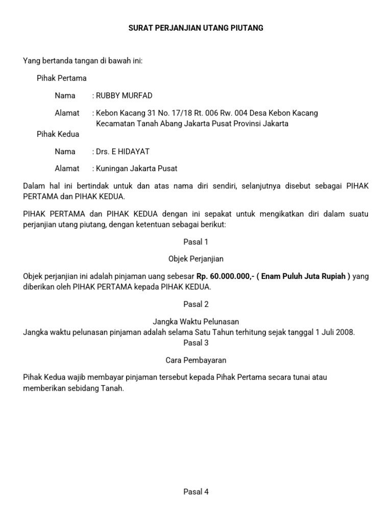 Contoh Surat Perjanjian Utang Piutang | PDF