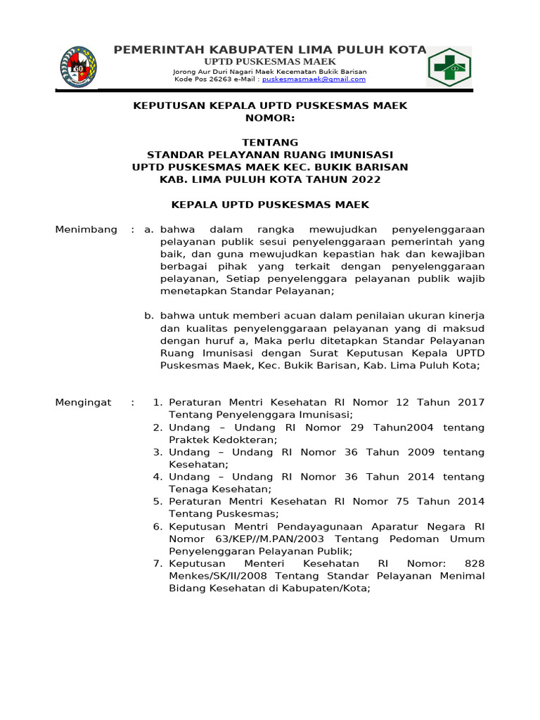 Standar Pelayanan Imunisasi Puskesmas Maek | PDF